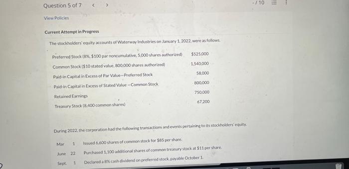 Solved Current Attempt in Progress The stockholders' equity | Chegg.com