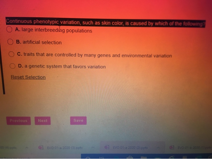 Solved Continuous phenotypic variation, such as skin color, | Chegg.com