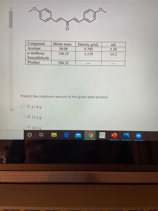 Solved Compound Acetone p-methoxy benzaldehyde Product Molar | Chegg.com