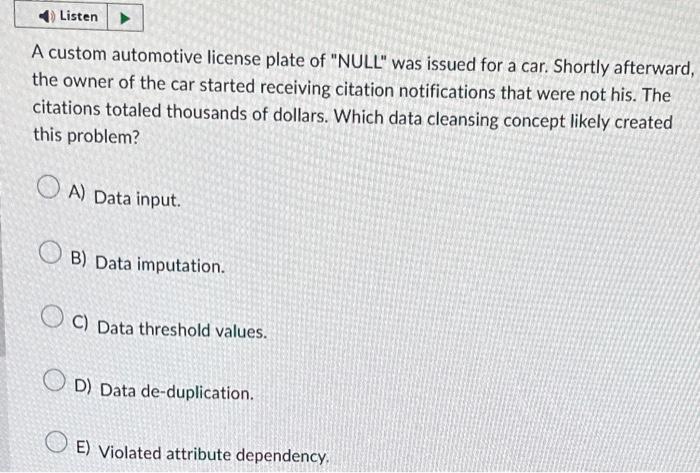 Solved A custom automotive license plate of "NULL" was | Chegg.com