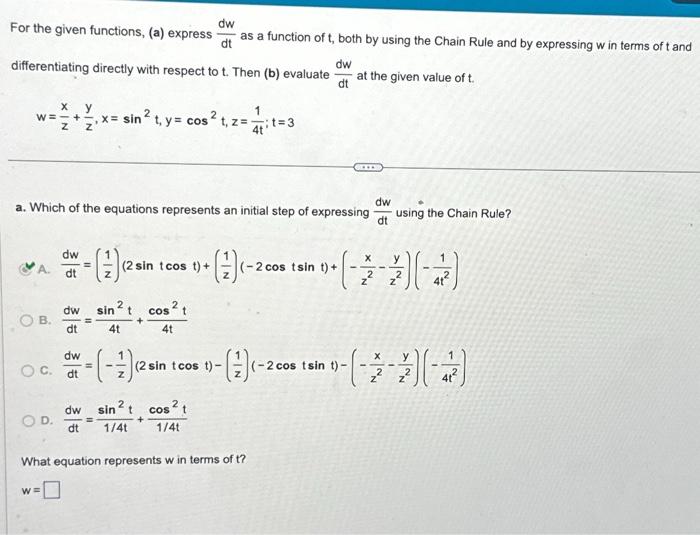Solved dw For the given functions, (a) express as a function | Chegg.com