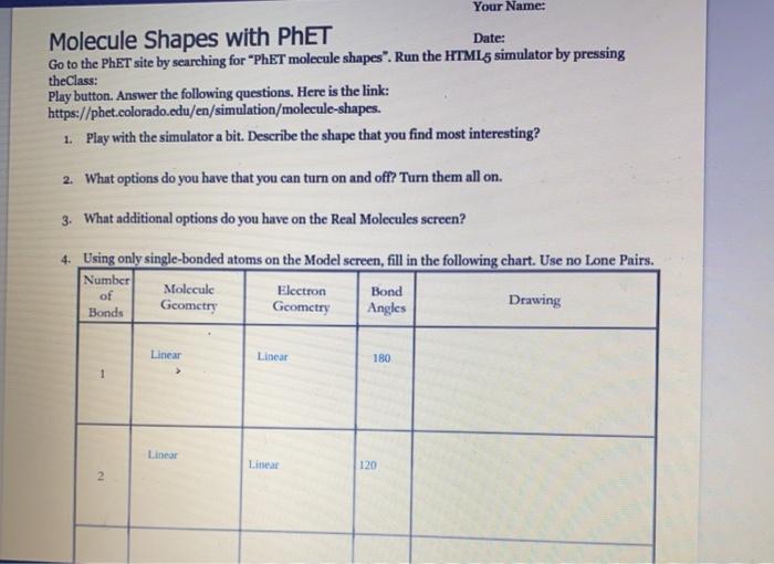 Your Name: Molecule Shapes with PhET Date: Go to the | Chegg.com