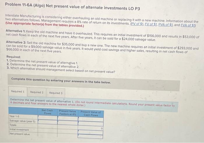 Solved Problem 11-6A (Algo) Net present value of alternate | Chegg.com