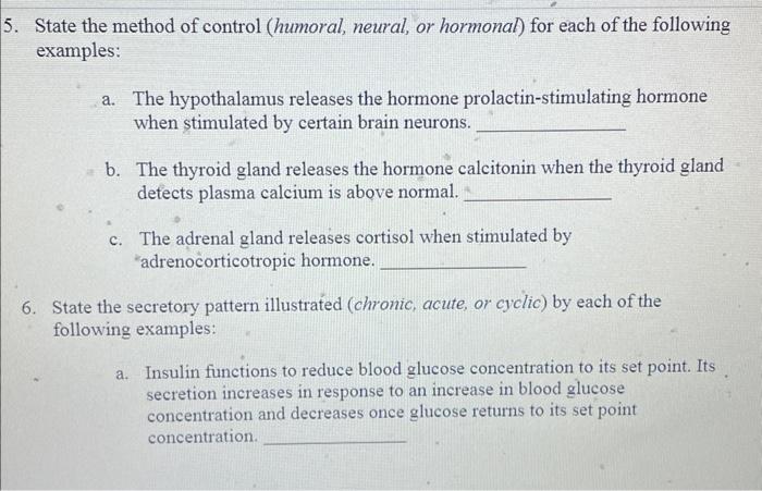 Solved State the method of control (humoral, neural, or | Chegg.com