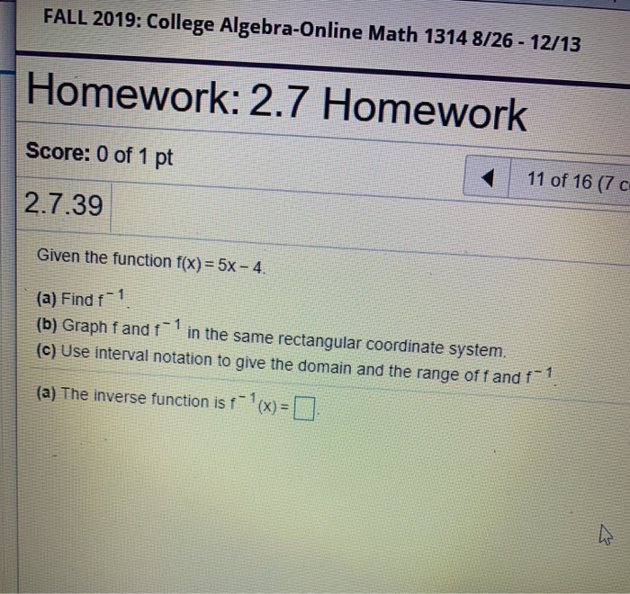 Solved FALL 2019: College Algebra-Online Math 1314 8/26 - | Chegg.com