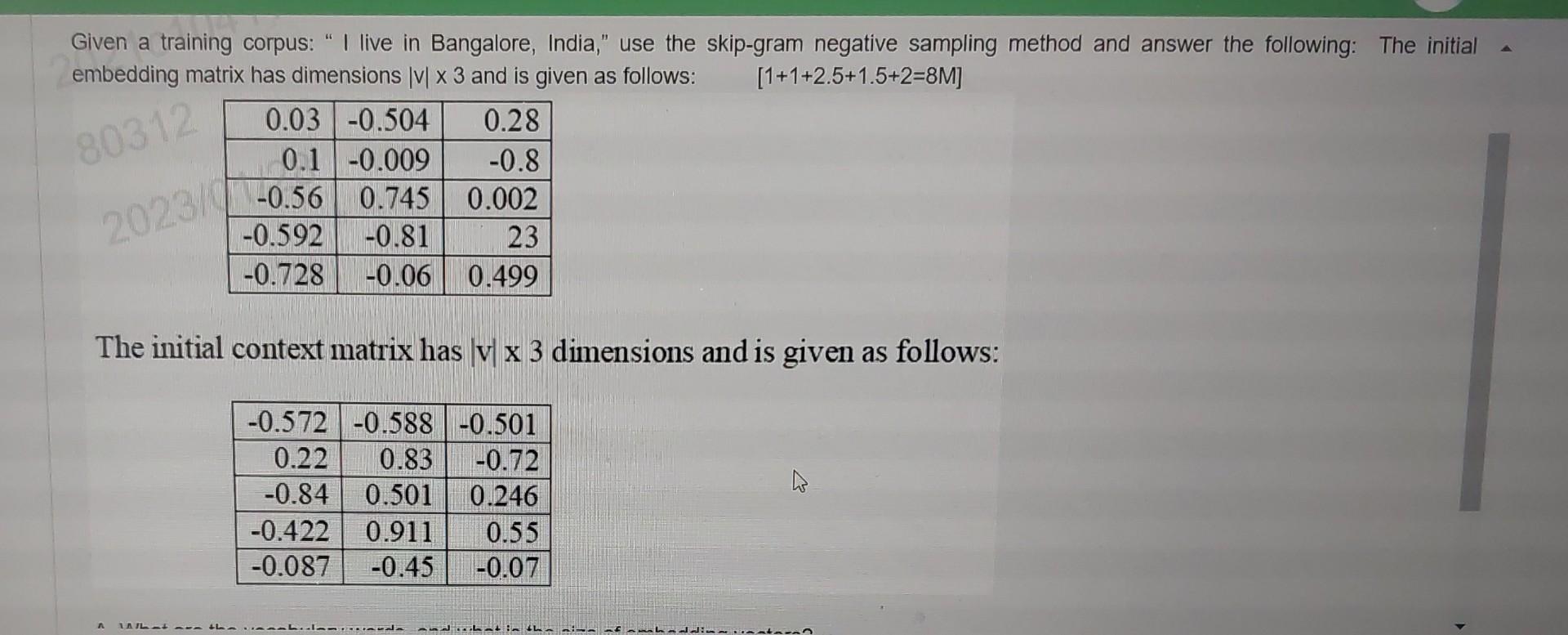 Solved Given a training corpus: "I live in Bangalore, | Chegg.com