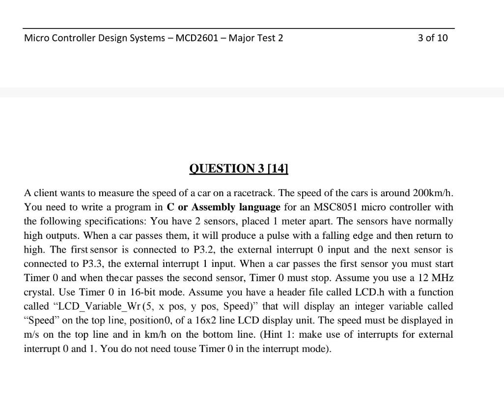 Solved Micro Controller Design Systems - MCD2601 - Major | Chegg.com