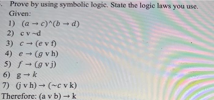 Solved - Prove by using symbolic logic. State the logic laws | Chegg.com