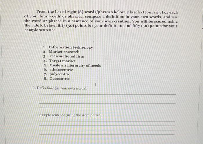 Solved From the list of eight (8) words/phrases below, pls | Chegg.com