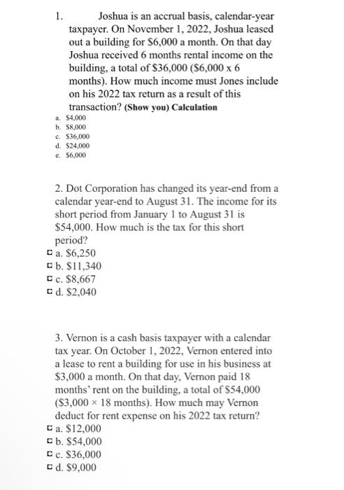 Solved 1. Joshua is an accrual basis, calendar-year | Chegg.com