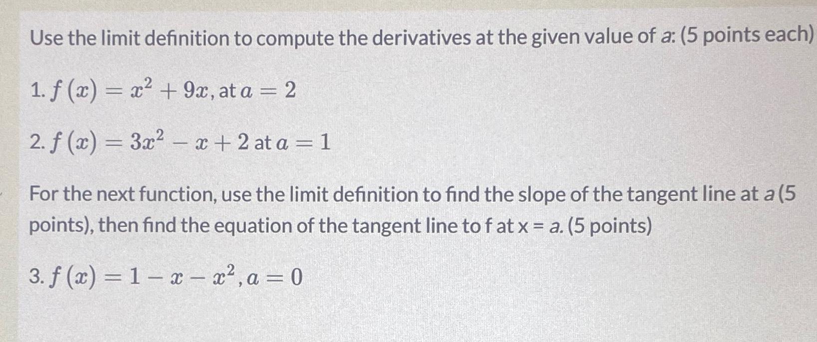Solved Use the limit definition to compute the derivatives | Chegg.com