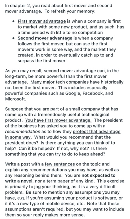 Solved In chapter 2, you read about first mover and second | Chegg.com