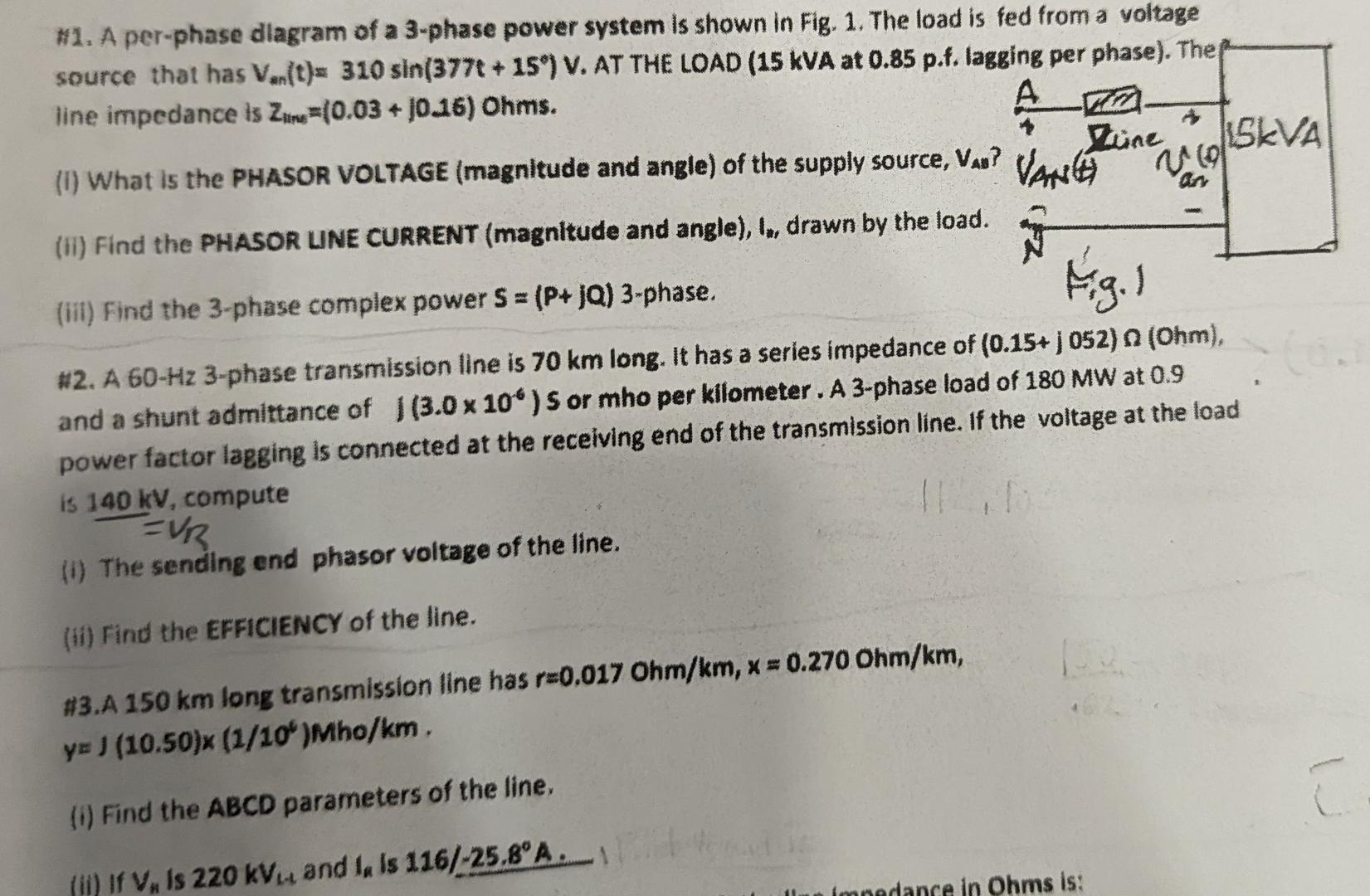 H1. A per-phase dlagram of a 3-phase power system is | Chegg.com