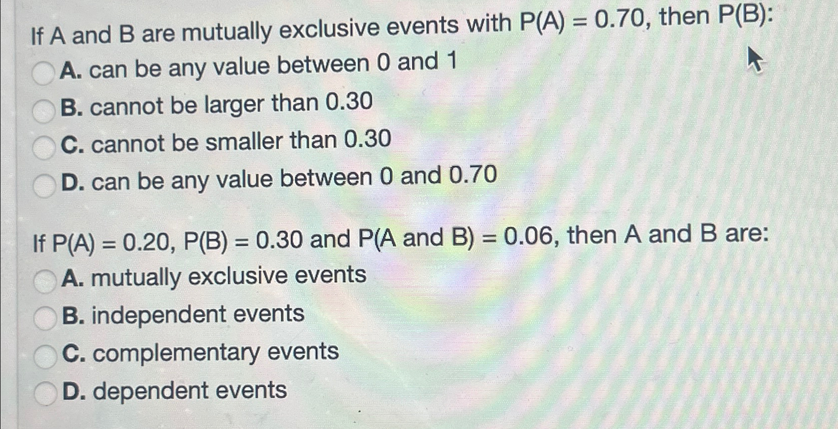 Solved If A and B ﻿are mutually exclusive events with | Chegg.com