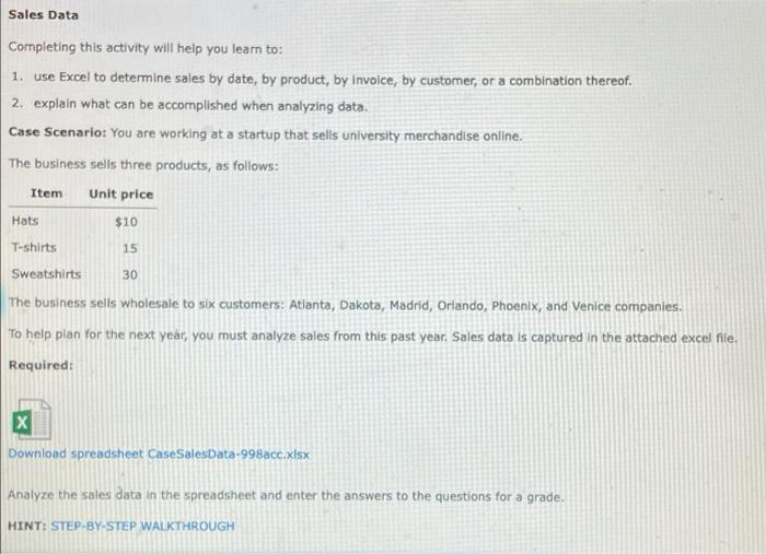 Sales Data Completing this activity will help you | Chegg.com