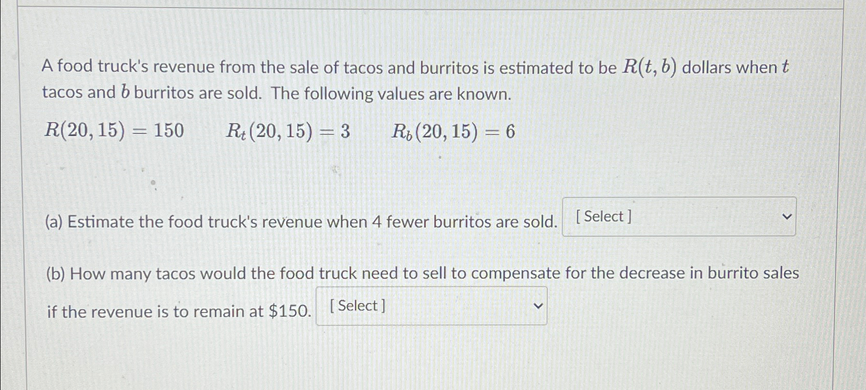 Solved A food truck's revenue from the sale of tacos and | Chegg.com
