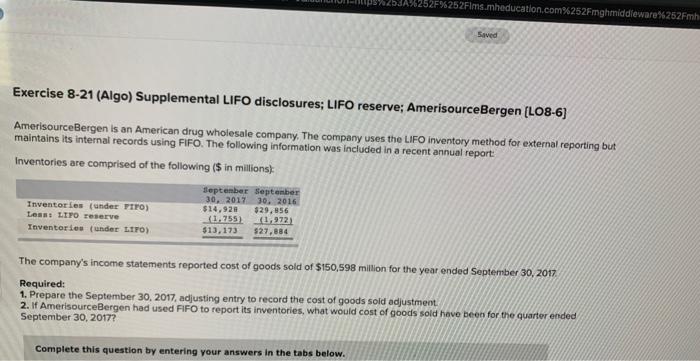 Solved Exercise 8-21 (Algo) Supplemental LIFO disclosures; | Chegg.com
