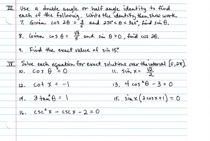 Solved I | Use a double angle or half angle identity to find | Chegg.com