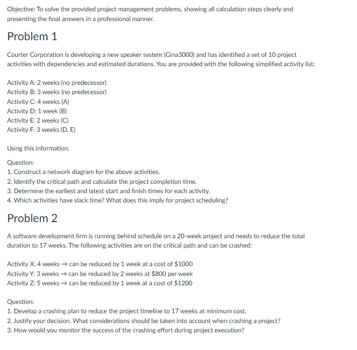 Objective: To solve the provided project management | Chegg.com