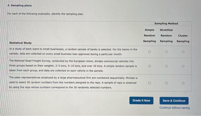 Solved 4. Sampling plans For eoch of the following examples, | Chegg.com