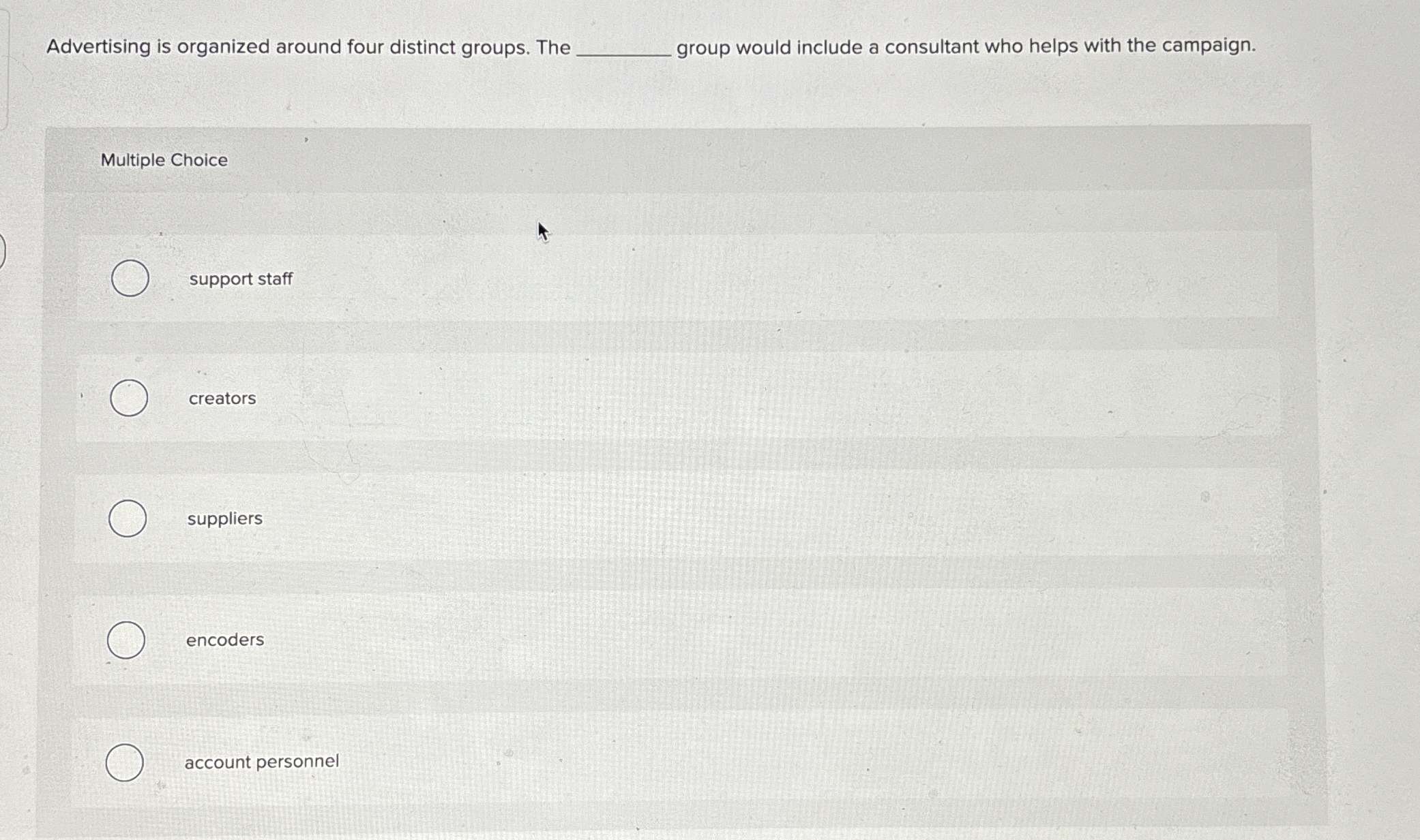 Solved Advertising is organized around four distinct groups. | Chegg.com
