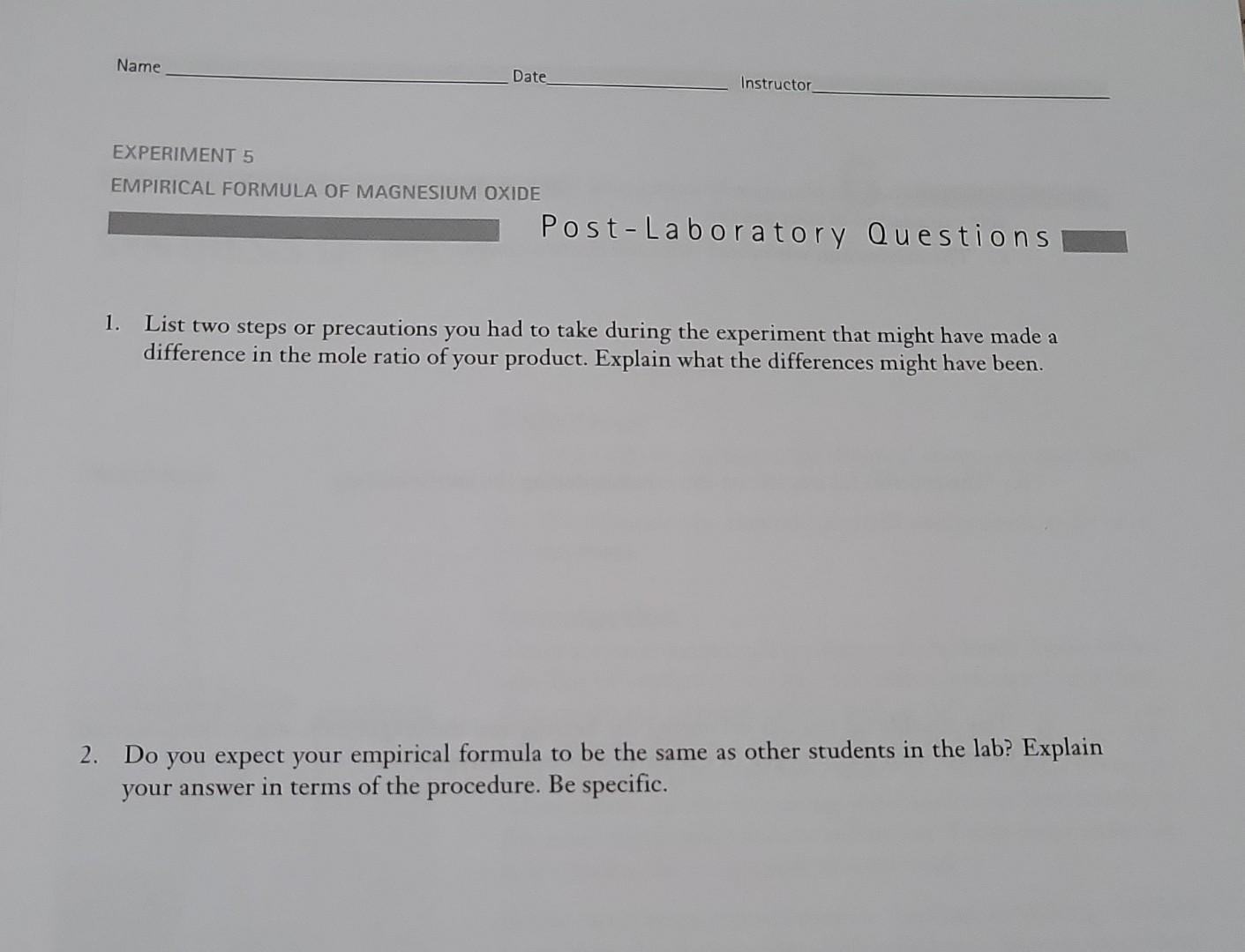 Solved Name Date Instructor EXPERIMENT 5 EMPIRICAL FORMULA | Chegg.com