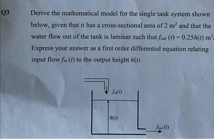 Solved Q3 Derive the mathematical model for the single tank | Chegg.com