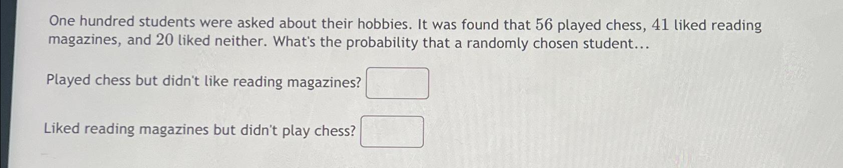 Solved One hundred students were asked about their hobbies. | Chegg.com