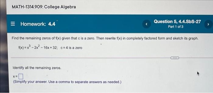 Solved MATH-1314.909: College Algebra Homework: 4.4 Question | Chegg.com
