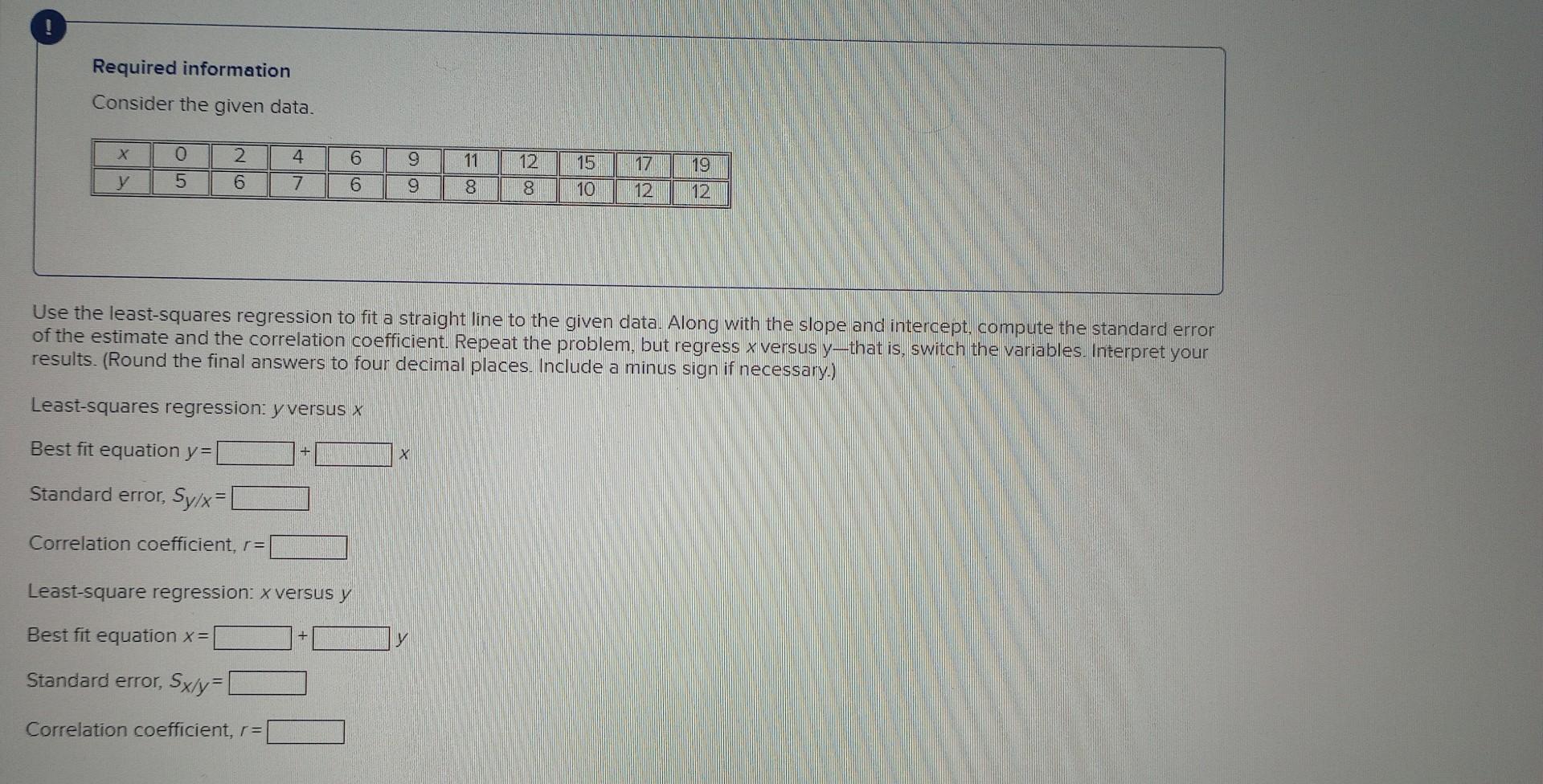 Solved Required information Consider the given data. Use the | Chegg.com