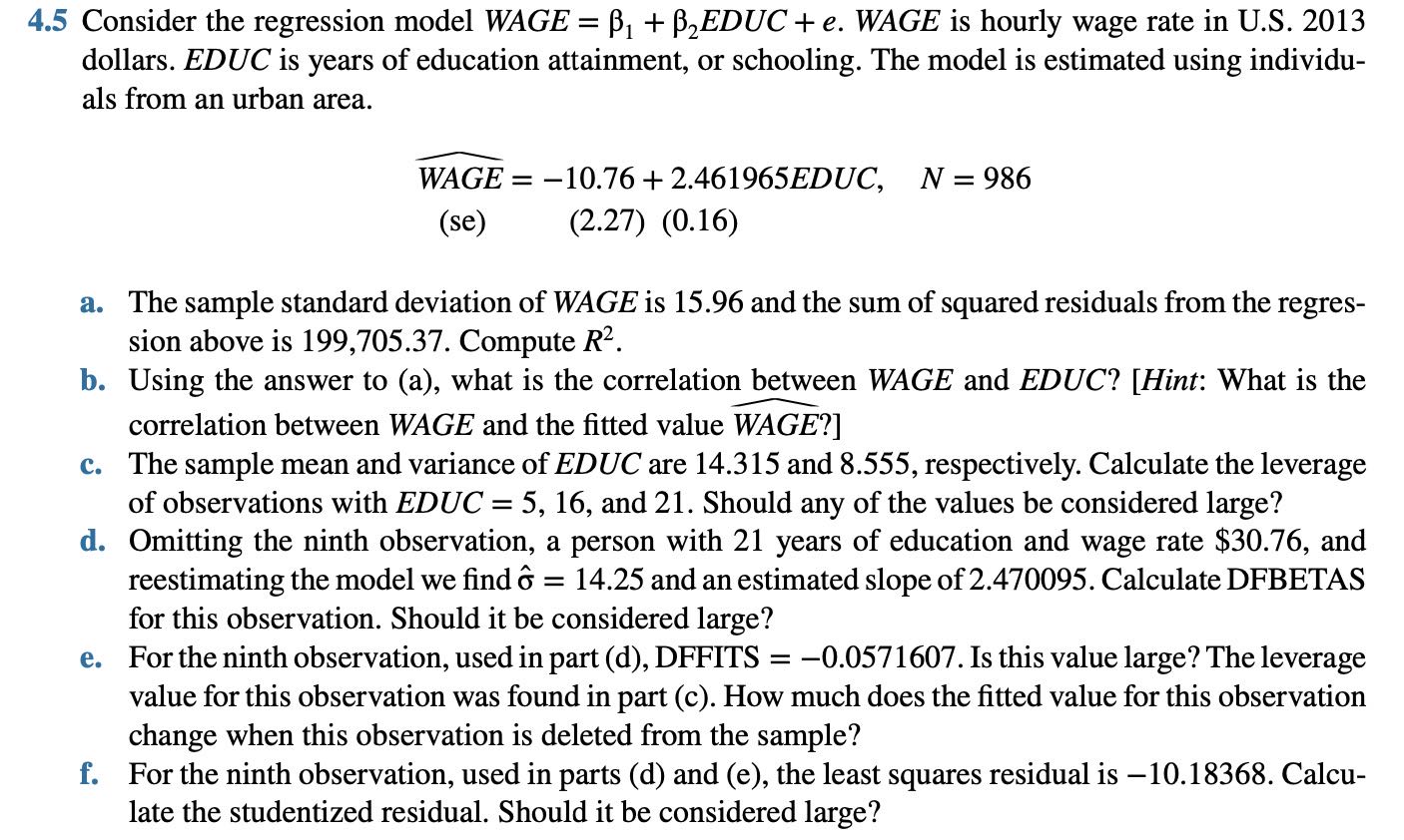 Solved question D,E,F Thanks4.5 ﻿Consider the regression | Chegg.com