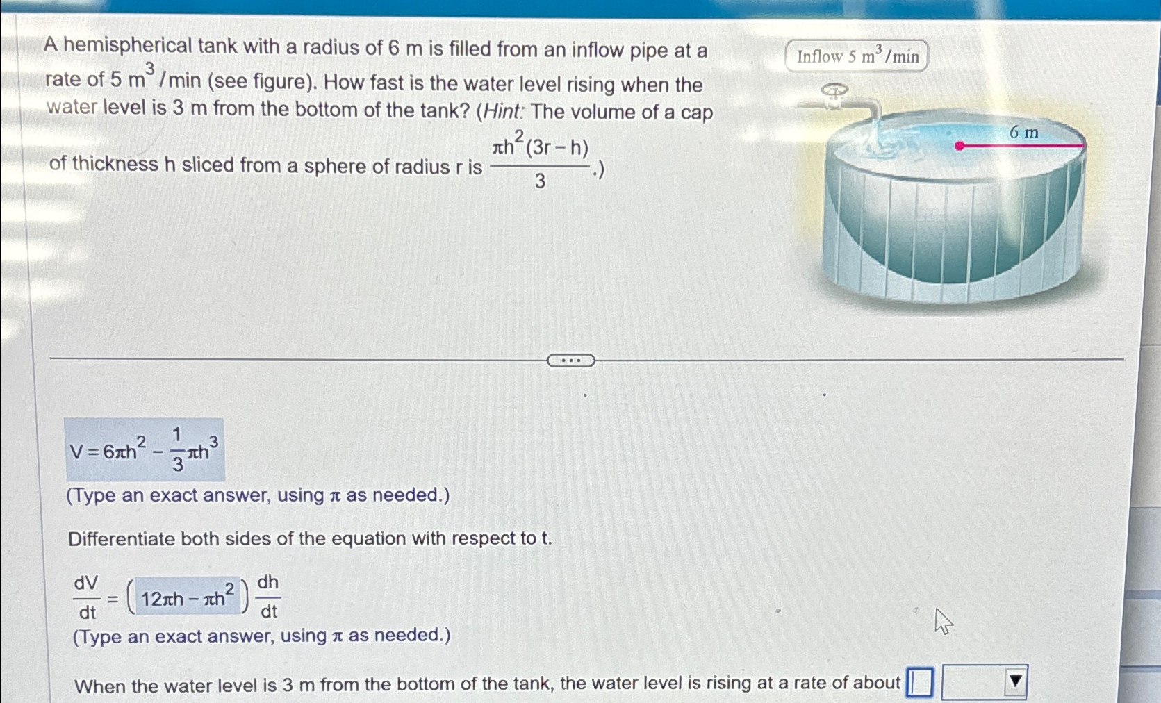 Solved A hemispherical tank with a radius of 6m ﻿is filled | Chegg.com