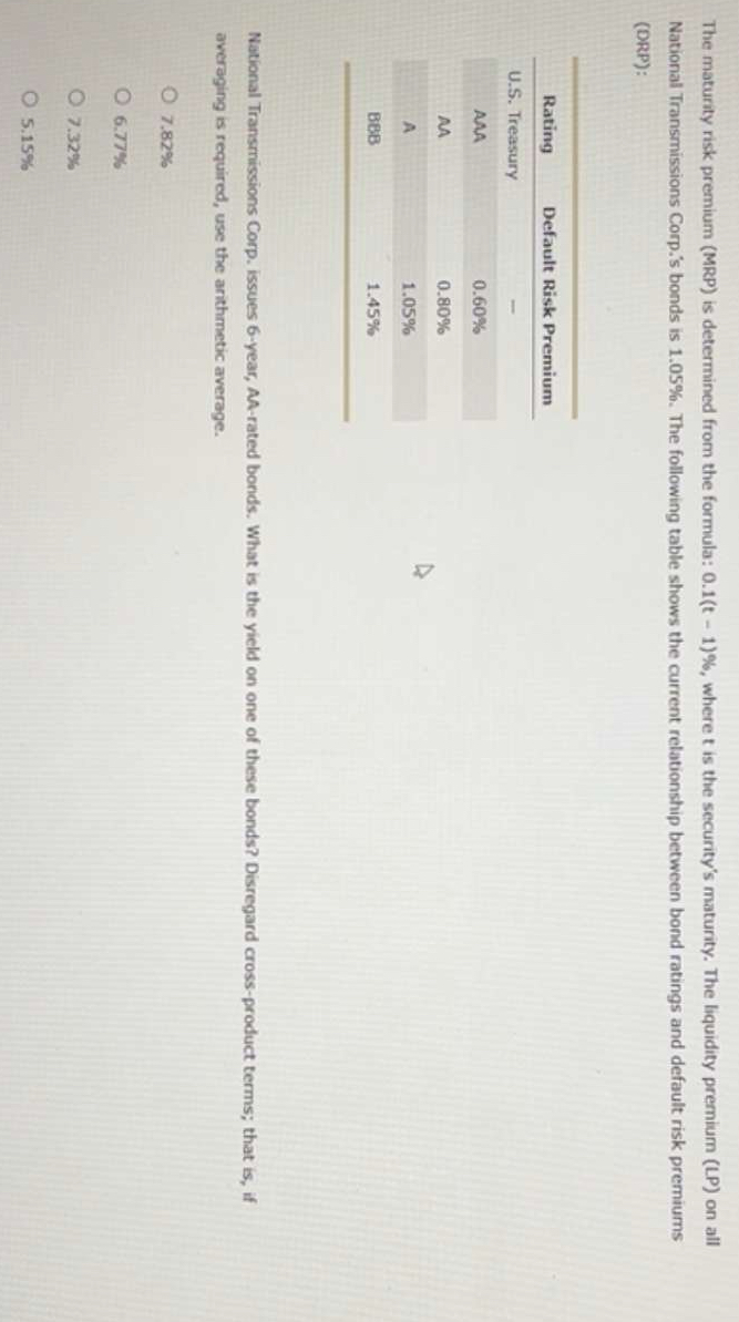 Solved The maturity risk premium (MRP) ﻿is determined from | Chegg.com
