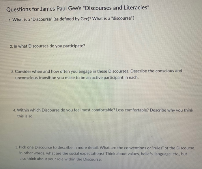 Solved Questions for James Paul Gee's "Discourses and | Chegg.com