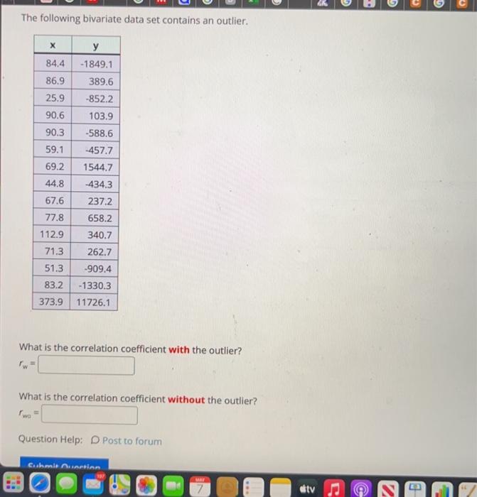 Solved The following bivariate data set contains an outlier. | Chegg.com