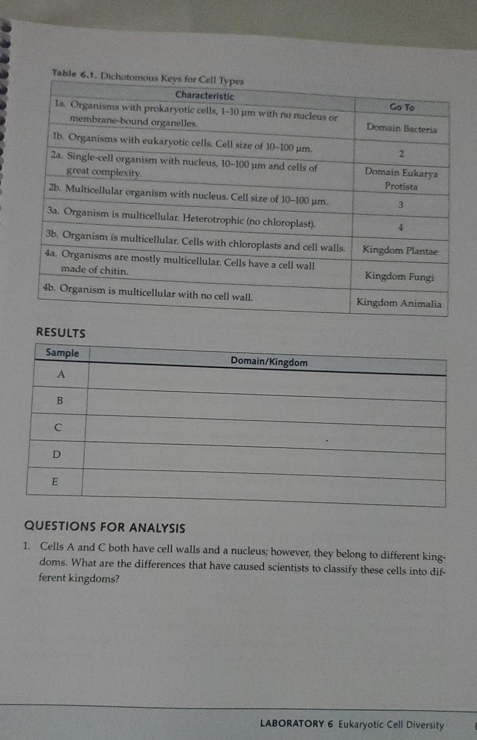 Solved Go To Table 6.3. Dichotomous Keys for Cell Types | Chegg.com