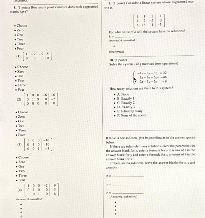 Solved 8 1 Point How Many Pivot Variables Does Each 7345