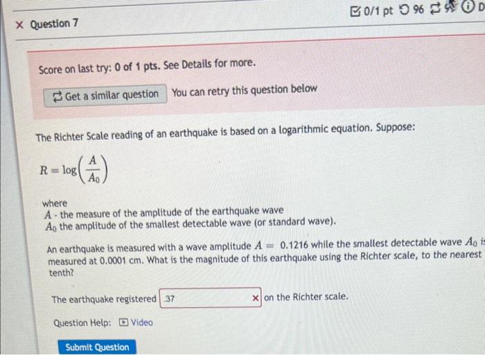 Solved The Richter Scale reading of an earthquake is based | Chegg.com