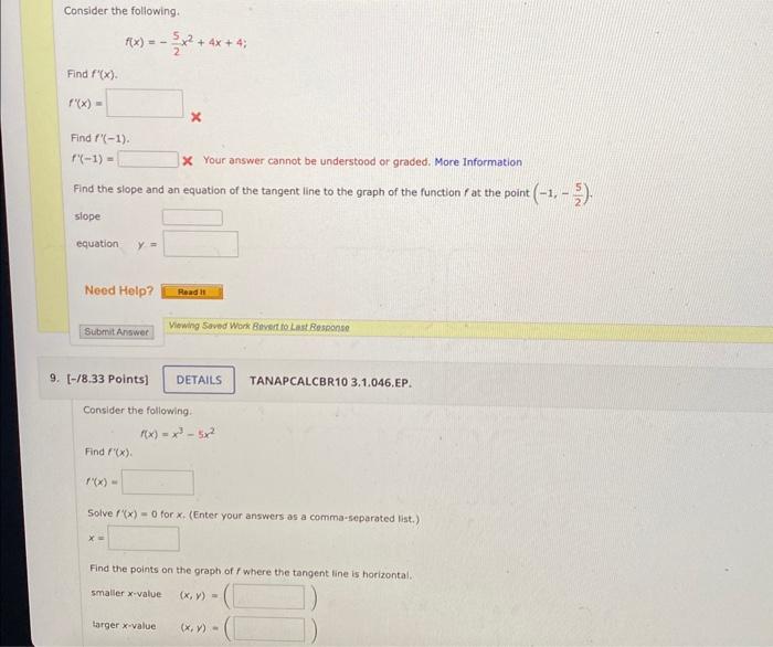 Solved Consider the following. f(x)=−25x2+4x+4 Find f′(x). | Chegg.com