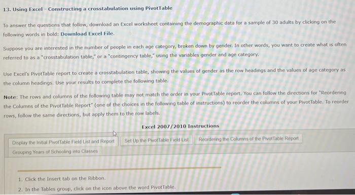 13. Using Excel - Constructing a crosstabulation | Chegg.com