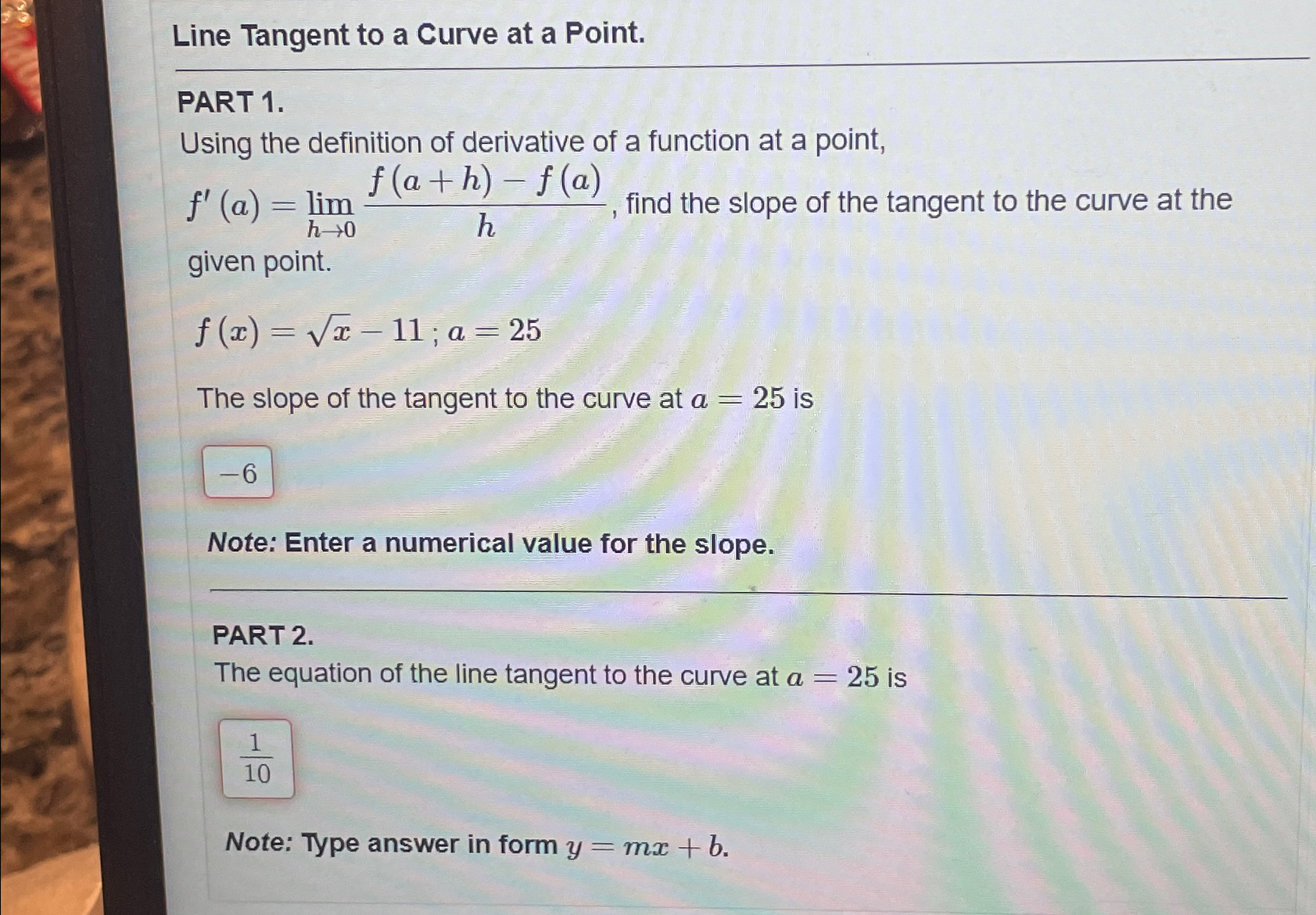 Solved Line Tangent to a Curve at a Point.PART 1.Using the | Chegg.com