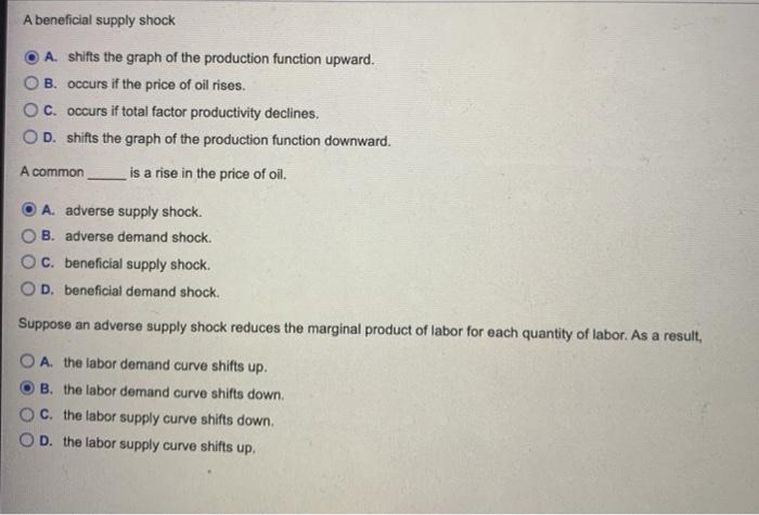Solved A beneficial supply shock A. shifts the graph of the | Chegg.com
