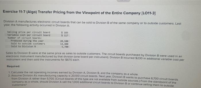 Solved Exercise 11-7 (Algo) Transfer Pricing from the | Chegg.com