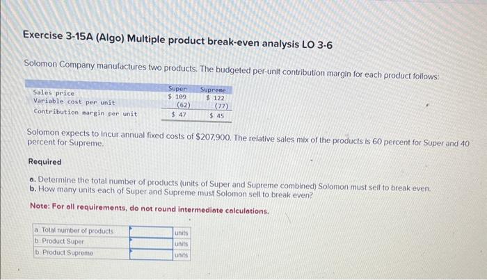 Solved Exercise 3-15A (Algo) Multiple product break-even | Chegg.com