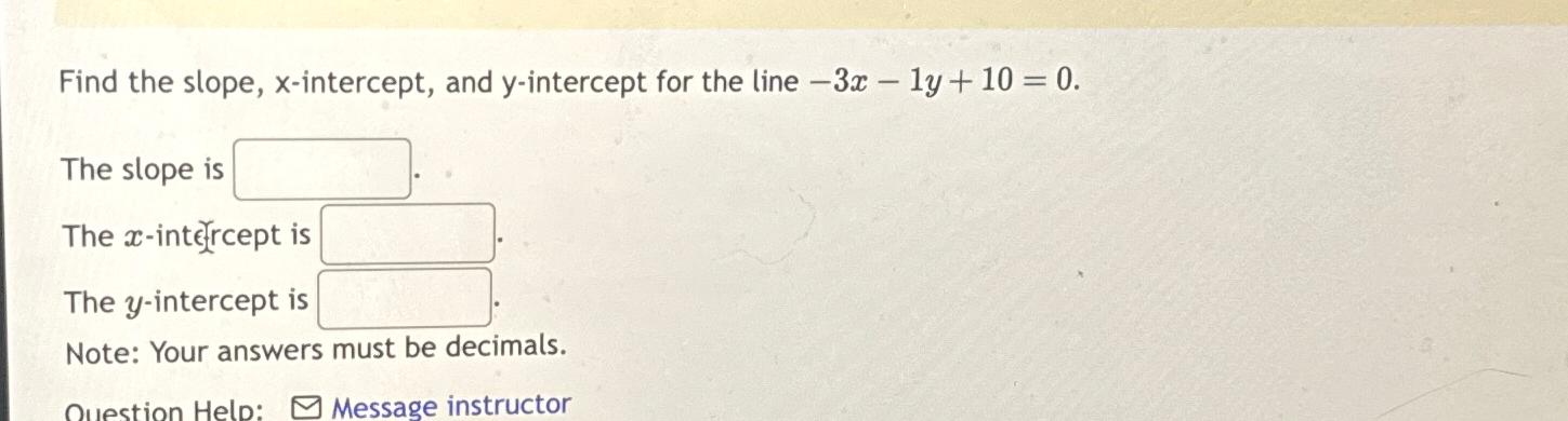 Solved Find the slope, x-intercept, and y-intercept for the | Chegg.com