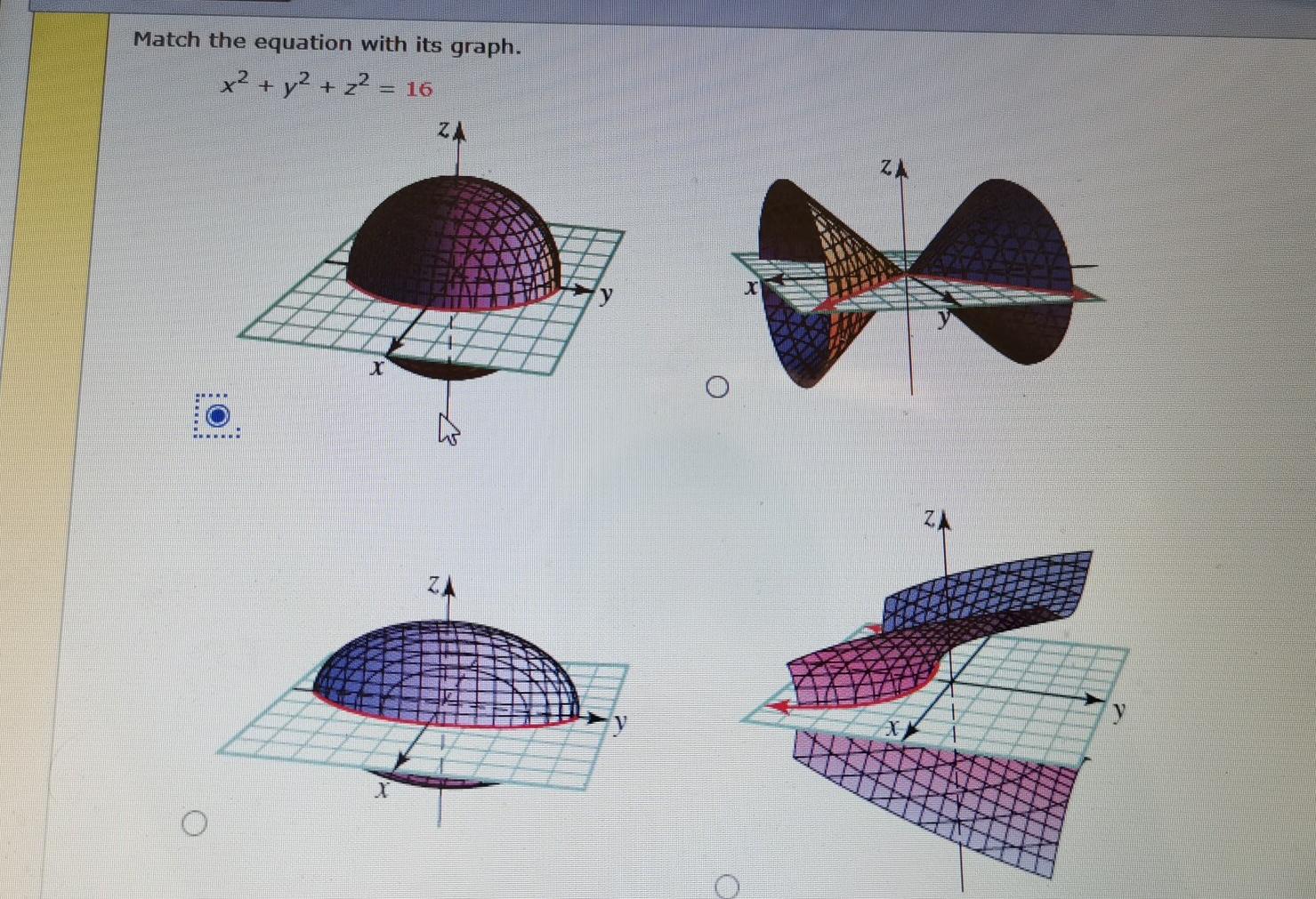 Solved Match the equation with its graph. x2 + y2 + z2 = 16 | Chegg.com
