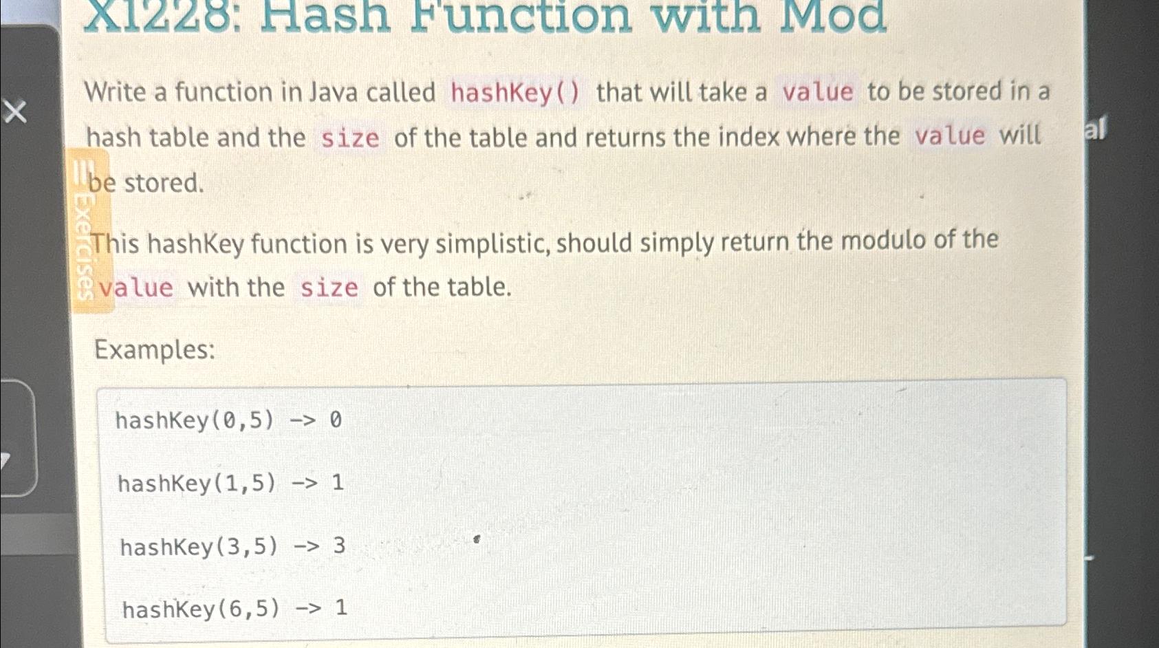 Solved X1228: Hash Function with ModWrite a function in Java | Chegg.com