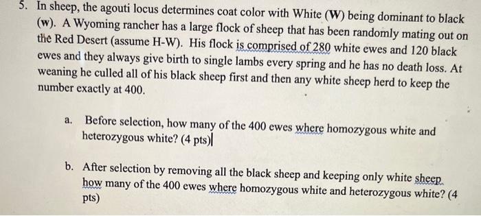 Solved 5. In sheep, the agouti locus determines coat color | Chegg.com