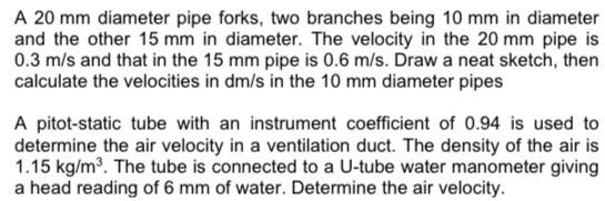 Solved A 20 mm diameter pipe forks, two branches being 10 mm | Chegg.com