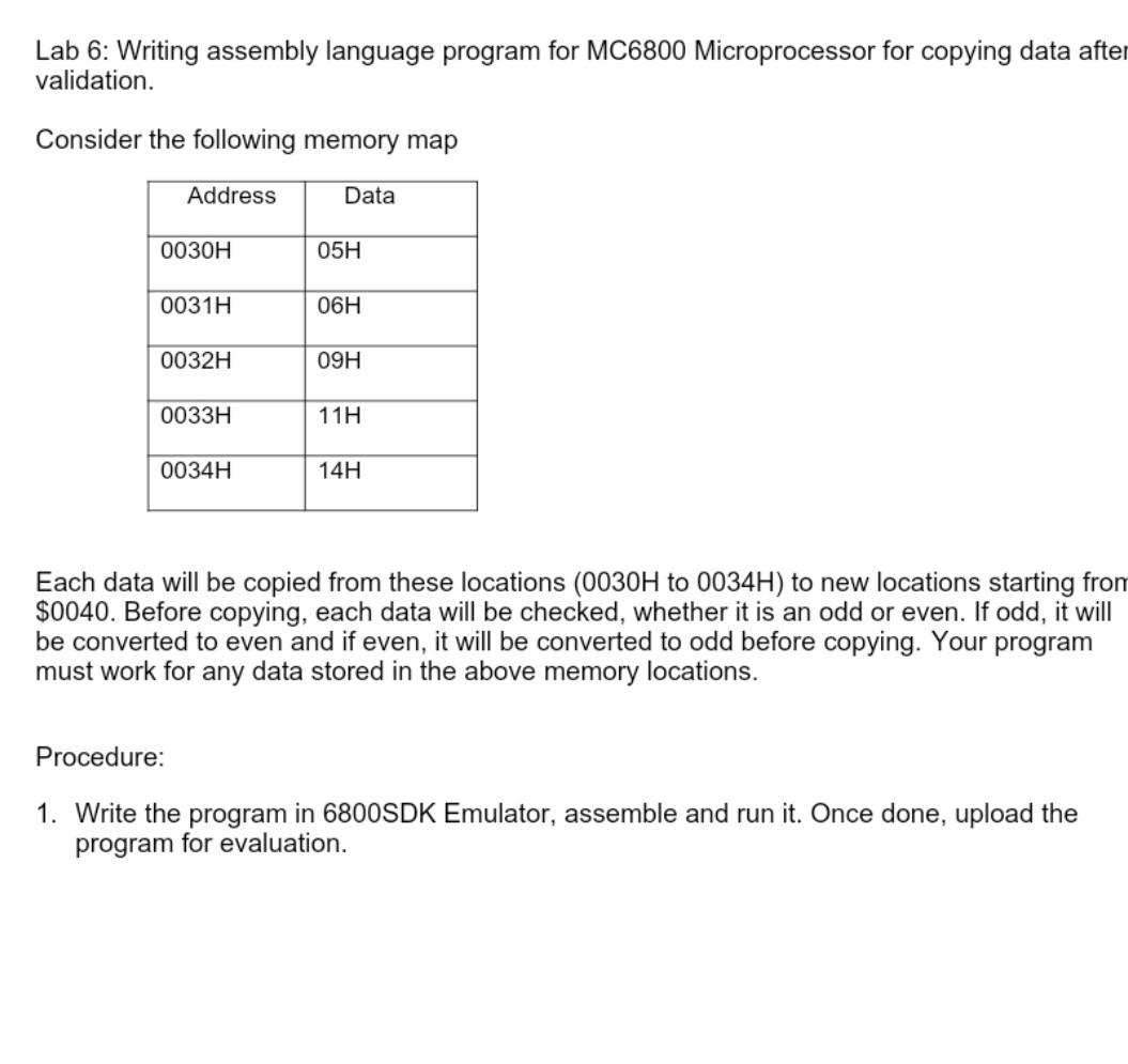 Solved Lab 6: Writing assembly language program for MC6800 | Chegg.com